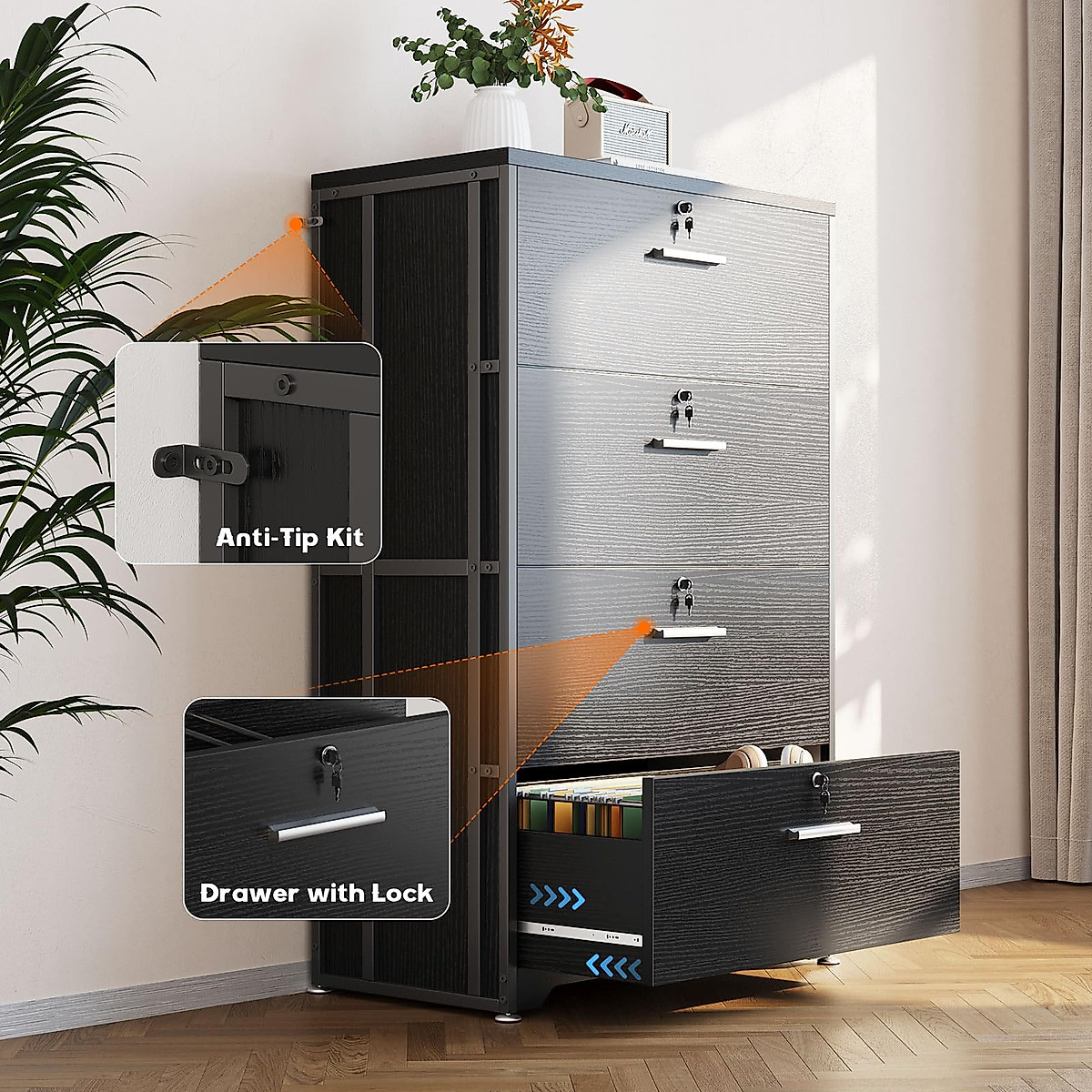 AODK File Cabinet Filing Cabinet for Home Office, Large File Cabinets with Lock, Office Storage Cabinet 4 Drawer for Legal/Letter/A4 File, Black