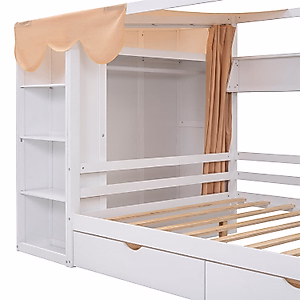 Linique Full Size House Bed with Wardrobe, Storage Drawers and Bookshelf, Solid Wood Bed Frame with Tent, White