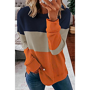 KINGFEN Womens Fall Fashion Clothes 2024 Oversized Crewneck Sweatshirt Long Sleeve Casual Shirts Plain Color Block Lightweight Pullover Sweatshirts No Hood Comfy Tops Outfits Sweaters Orange Large