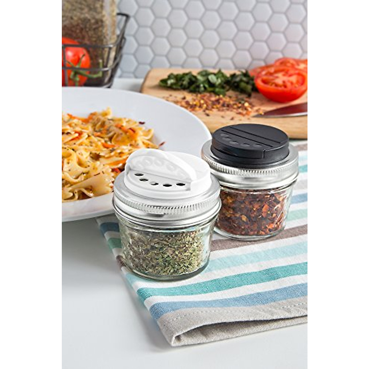 Jarware Spice Lids for Regular Mouth Mason Jars, Set of 2, Black and White
