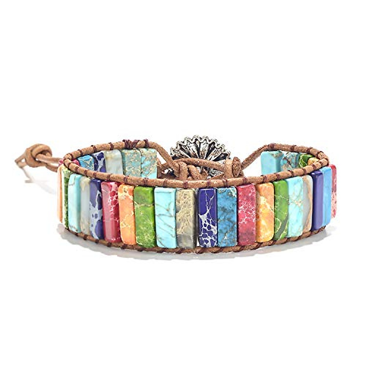 Fashion Gemstone Bracelets Handmade Bracelets Jewelry Multicolor Yoga Bracelets Friendship Boho Bracelets Leather Bracelets Rectangle Stone Healing Bracelets Sunflower Button Wrap Bracelet Girls