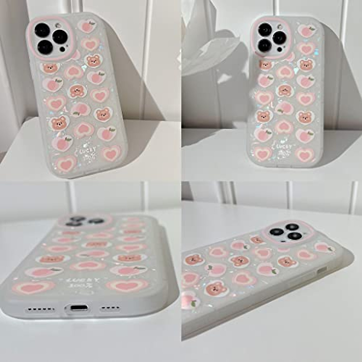 LOLAGIGI for iPhone 13 Case Pink Heart Peach Bear Cute Shell Pattern Kawaii Cartoon Girly Print Design Aesthetic for Women Girls TPU Case with Lovely Peal Charm Lanyard Beaded Accessories
