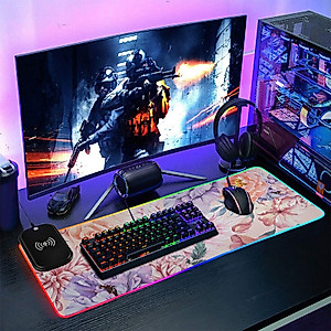 VKPSCHJ Wireless Charging Mouse Pad Watercolor Chrysanthemum Peony Rose RGB Gaming Mouse Mat 15W Fast Charging, Extra Large Computer Keyboard Mat with Non-Slip Rubber Base for Mobile Phone,PC, Lapto
