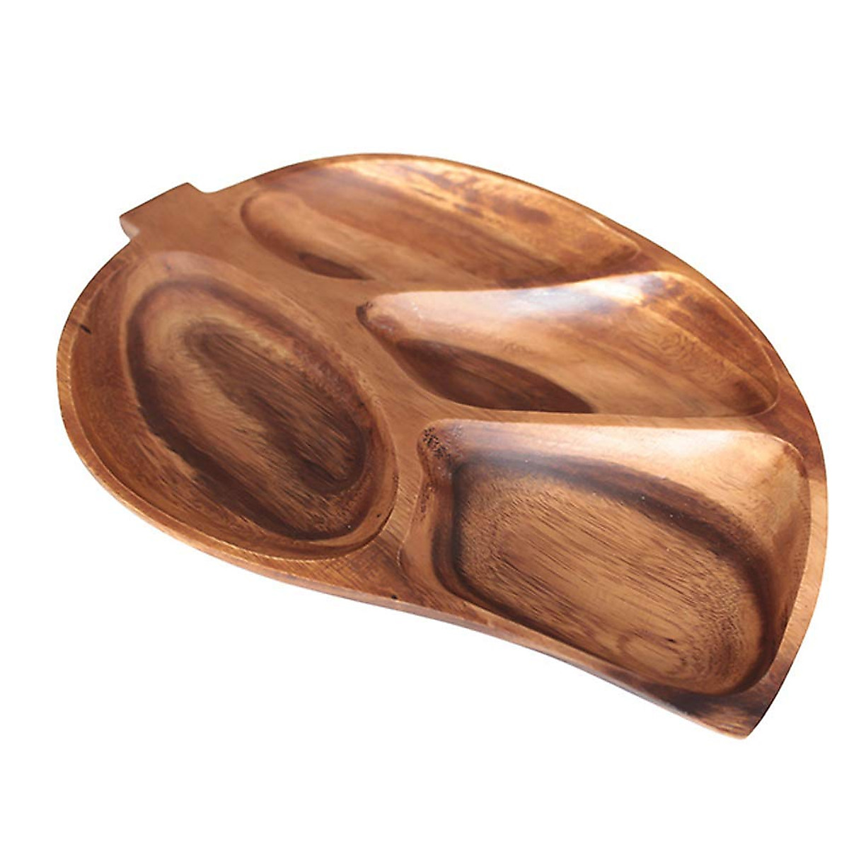Acacia Premium Leaf Shaped Wooden 4-Compartment Divided Wood Accent-Plates Divided Dessert Dish Serving Trays Platters 4 Section