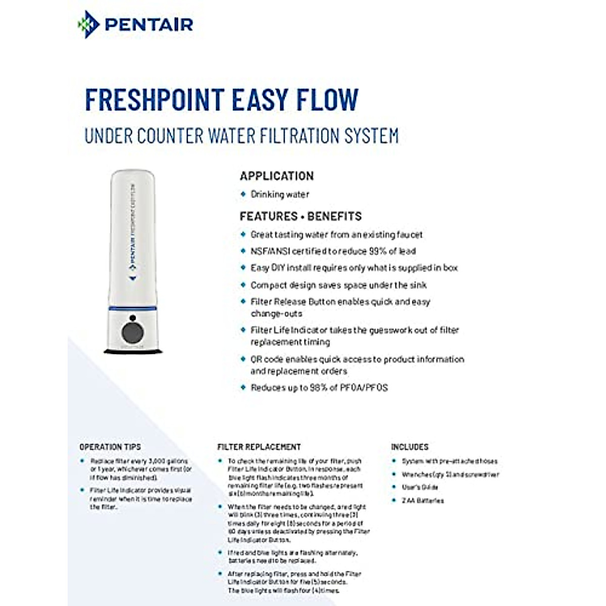 Pentair FreshPoint Replacement Cartridge for Easy Flow Undersink Water Filtration System, PFAS Water Filter, NSF Certified to Reduce PFOA/PFOS, Lasts Up to 1 Year or 3,000 Gallons