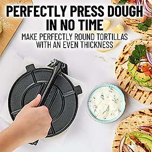 Zulay Cast Iron Tortilla Press 8 Inch - Pre Seasoned with 100 Pieces Parchment Paper - Heavy Duty Roti Maker and Flour Tortilla Press for Quesadilla, Naan, Chapati, Samosa, Poori, Saj Bread, Lahmacun