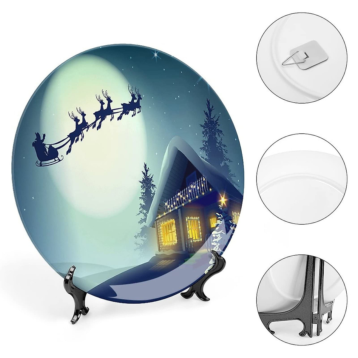 XISUNYA 8 Inch Decorative Plate, Christmas Santa Ceramic Plate, Claus and Reindeer Flying Over Christmas House Print Ceramic Wall Hanging for Home Office Party Dinner Table Decor, Multy