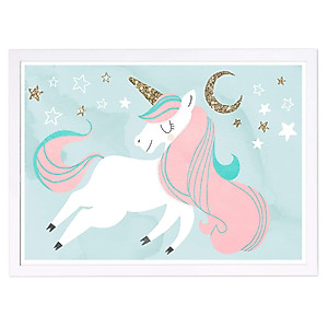 Wynwood Studio Fantasy and Sci-Fi Framed Wall Art Prints 'Unicorn and The Moon' Home Décor, 19" x 13", Pink, Gold