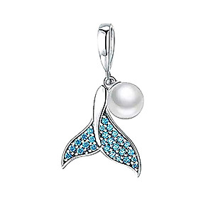 Blue Mermaid Tail & Shell Pearl Charm 925 Sterling Silver Ocean Charm Beads for Bracelet & Necklace (Blue)