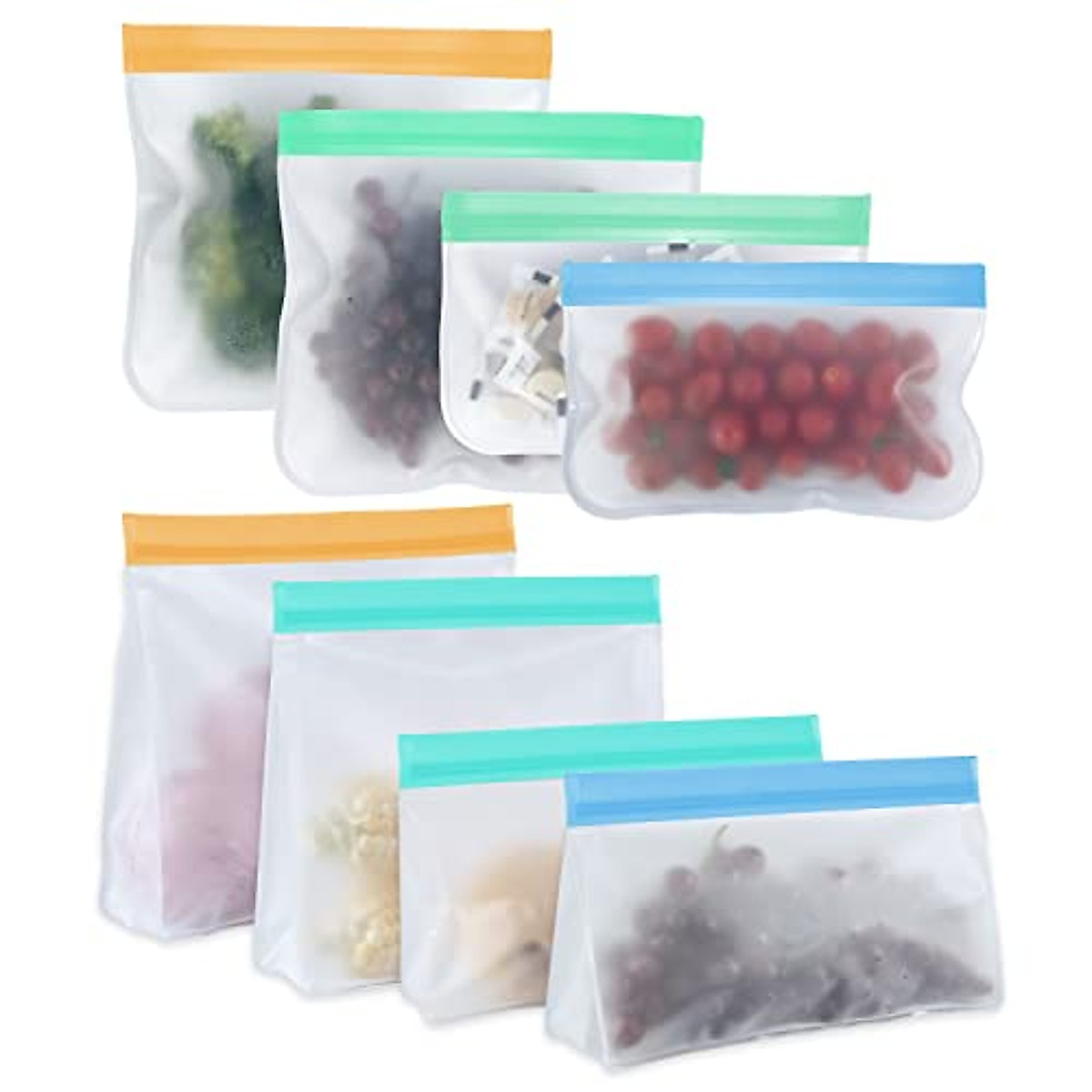 Reusable Food Storage Bags - Axbima 8 PACK PEVA Reusable Freezer Bags for Sandwich - Stand-up Reusable Snack Zip lock bags for Home/Travel Meat Fruit Vegetables Cereal Nuts (Multicolored)
