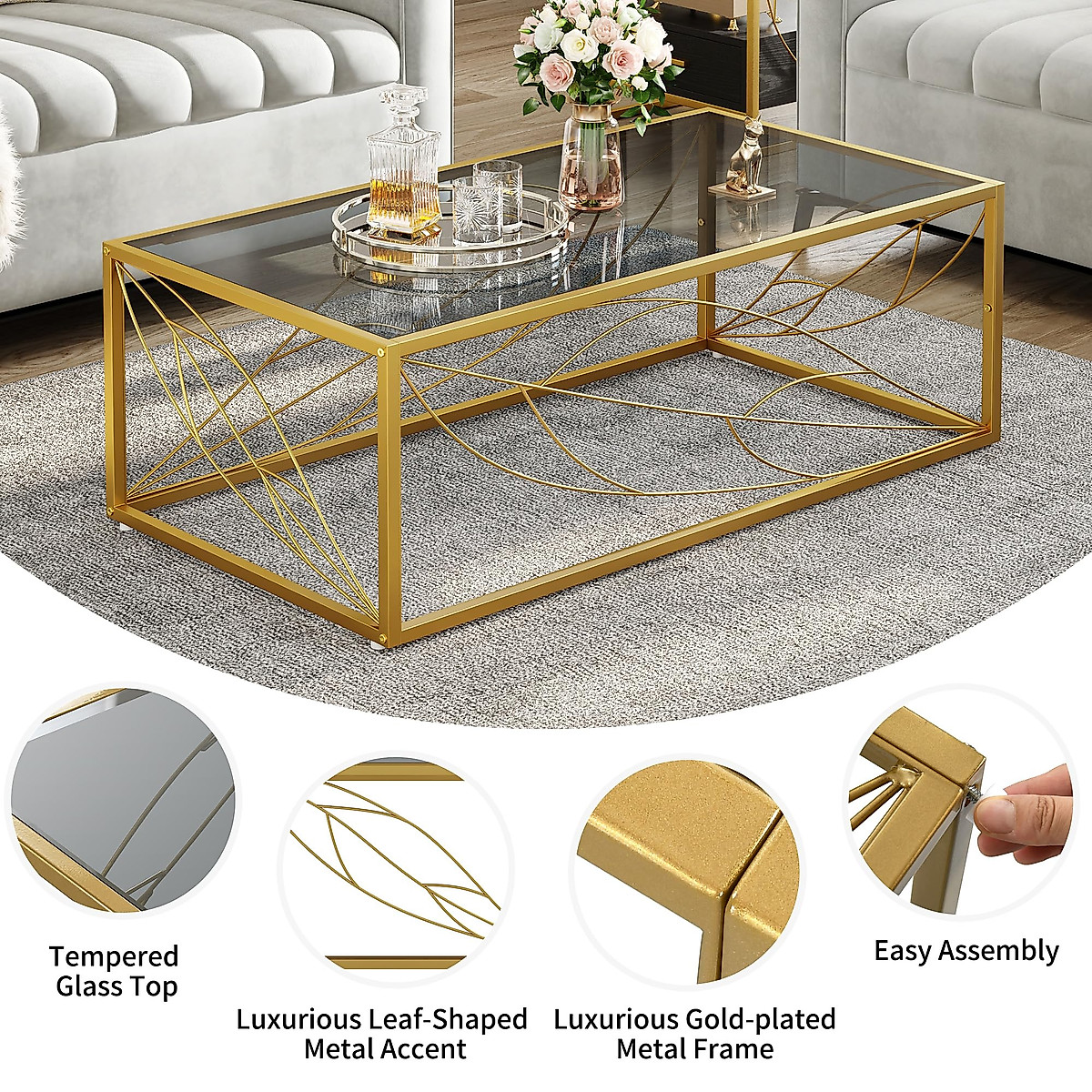 DWVO 48 Inch Marble Pattern Slate Coffee Table Modern Rectangle White and Gold Coffee Tables for Living Room