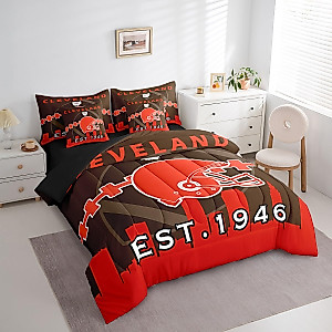 Erosebridal 7 Pcs Comforter Set Twin Size,Sports Bed in a Bag with Flat Sheet and Fitted Sheet for Kids and Adults,Football Lovers Bedding Set with Pillowcase and Sham(Cleveland)