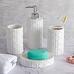 CAA'S Bathroom Accessories Set Ceramic 4 Pieces Bathroom Ensemble for Bath Decor Includes Lotion Dispenser Toothbrush Holder Tumbler Soap Dish (White Netting)