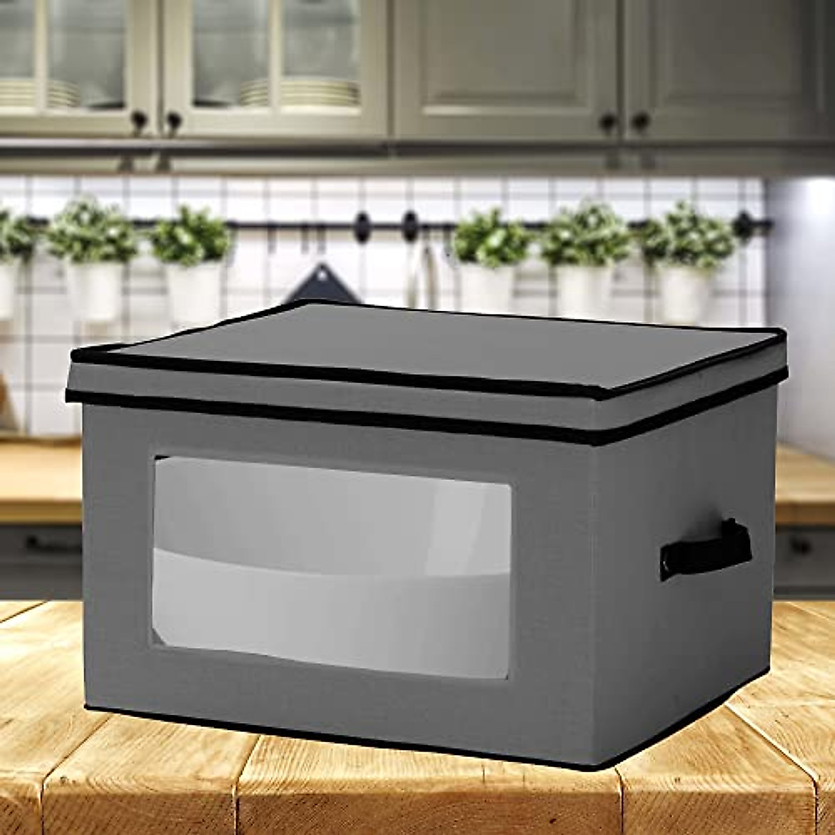 Household Essentials Large Serveware Storage Box, Polyester Canvas with Fiberboard Sides, 3 Protective Pouches, Foldable and Stackable, Fully Removable Lid, Gray