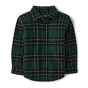 The Children's Place Baby Boys' and Toddler Long Sleeve Flannel Button Up Shirt, Green Plaid, 3T