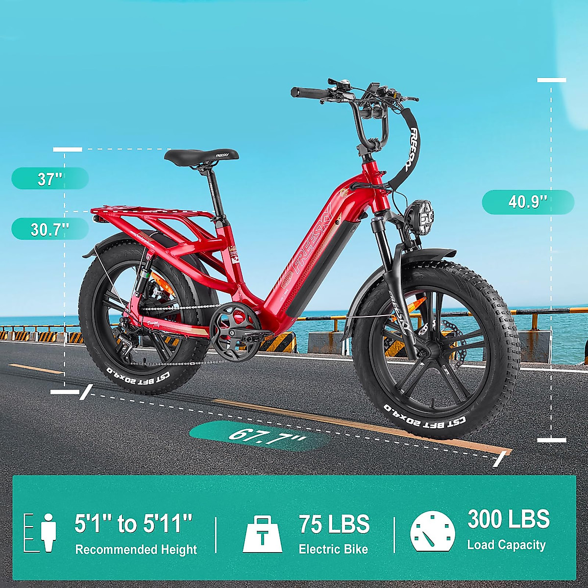 FREESKY Rocky 2025 Electric Bike for Adults 1200W Motor,90/105mile Range, 28+MPH Cargo Ebike with 48V 20/25Ah Samsung Battery Cell, 20x4 Fat Tires & Full Suspension Step-Through for Men/Women