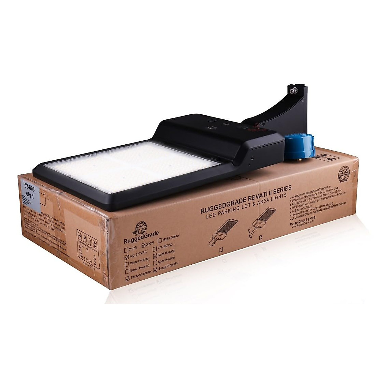 RuggedGrade 300W - Revati II Series LED Parking Lot Light with Photocell - 43,200 Lumen - Color Selectable 3K/4K/5K - Arm Mount - Black