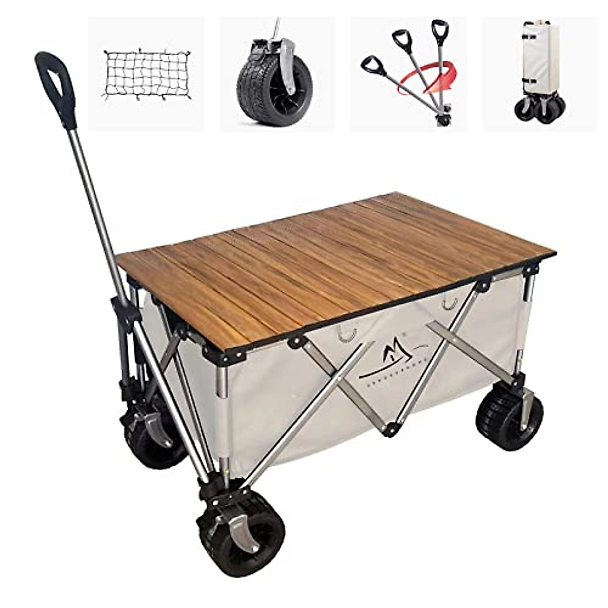 SENOSUR HOME Beach Wagon Carts Heavy Duty Foldable Collapsible with Folding Table Cargo Net White