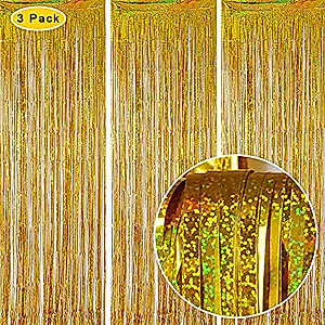 BEAYFILY 3 Pack Fringe Curtains Party Decorations,Tinsel Backdrop Curtains for Parties,Photo Booth Wedding Graduations Birthday Christmas Event Party Supplies (Golden)