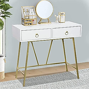 Anmytek Modern Home Office Desk, 35.4 Inch Makeup Vanity Table White Study Desk 2 Drawers Writing Desk Computer Desk with Golden Legs, D0002
