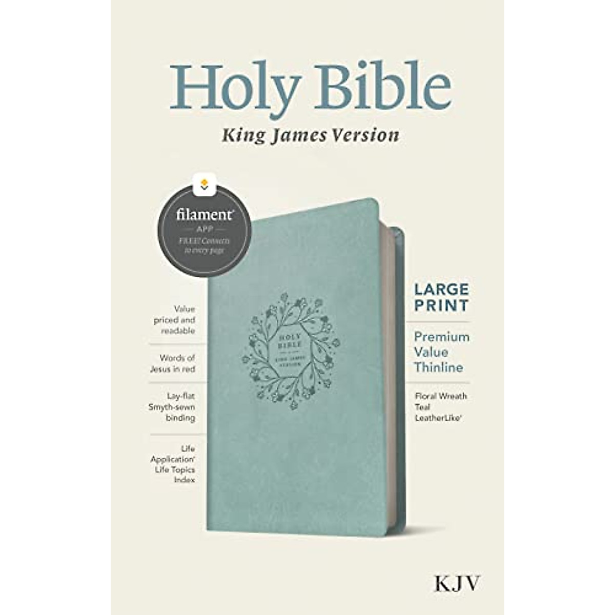 KJV Large Print Premium Value Thinline Bible, Filament Enabled (LeatherLike, Floral Wreath Teal, Red Letter)