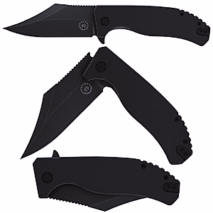 Off-Grid Knives - Caiman XL Folding Knife w. Bowie Blade, Sandvik 14C28N Steel, G10 Scales, Deep Carry Clip