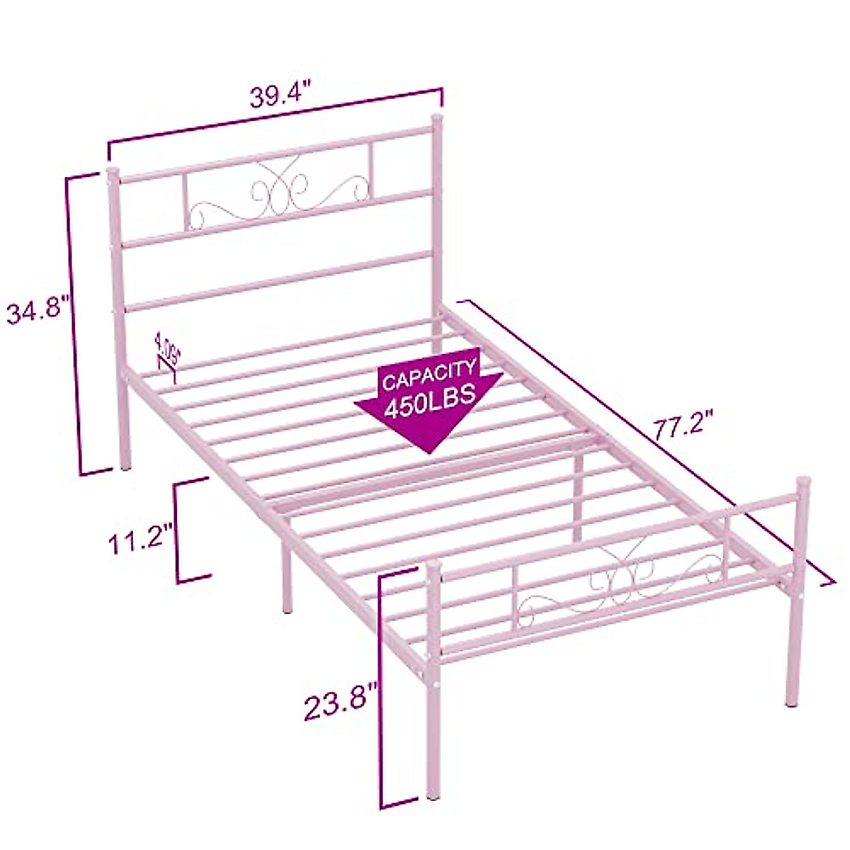 Weehom Platform Steel Bed Frame with 6 Legs Mattress Foundation Heavy Duty Bed Steel Slat Support Easy Assemble Kids Adults(Twin Size),Pink