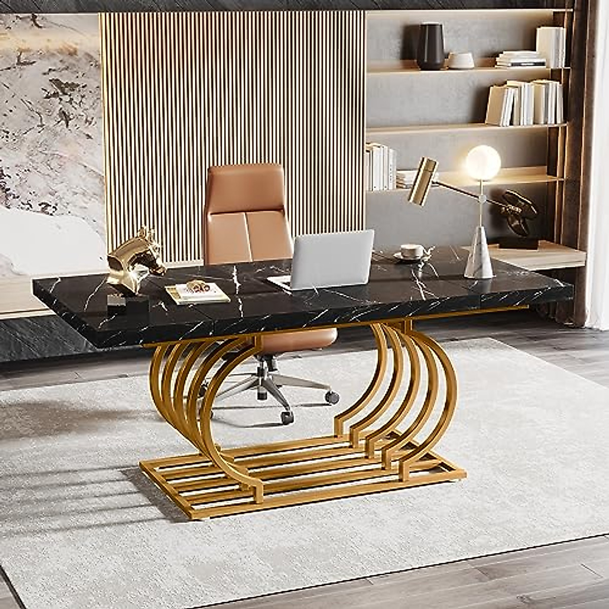 Tribesigns 63" Modern Office Desk, Black and Gold Executive Desk, Large Computer Desk Home Office Desk with Gold Metal Frame, Wood Workstation Study Writing Desk