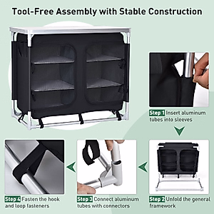 Goplus Camping Table with Storage, Aluminum Portable Camp Kitchen Cabinet Table with Carrying Bag, Lightweight Outdoor Cooking Table for Picnic Tailgating Beach BBQ Party RV (Black)