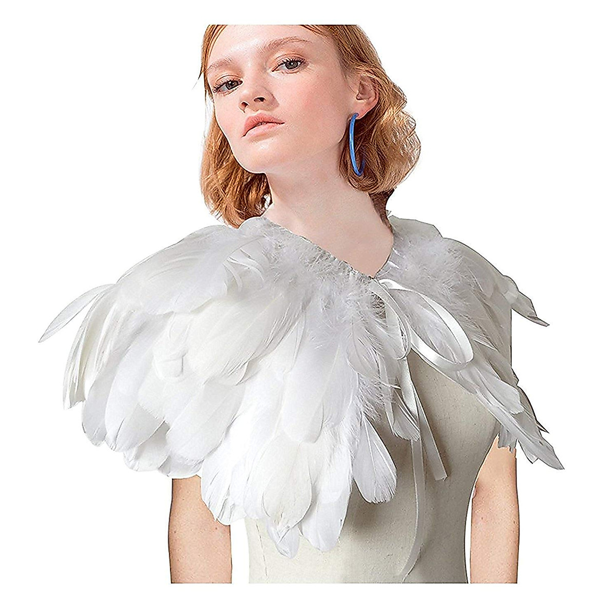 L'VOW Fashion Feather Cape Stole Black White Beige Shawl Burning Man Costumes