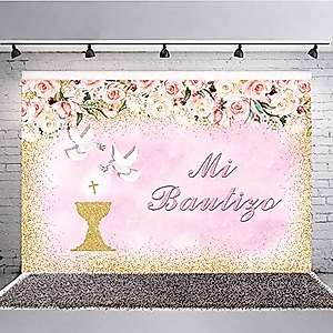 5x3ft Mi Bautizo Backdrop for Girl Baptism Gold Bless Background Pink Flower Golden Dots Photography Baby Shower Banner Party Decorations Floral Newborn Baby Shower Photo Booth Props (EZH0D685UU)