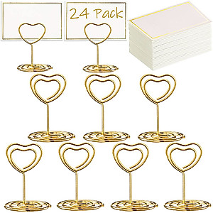 Toncoo 24 Pcs Mini Place Card Holders and 24 Pcs Place Cards with Gold Foil Border, Table Number Stand with Heart Shape, Table Card Holder Photo Picture Holder Memo Menu Clips for Wedding, Birthday