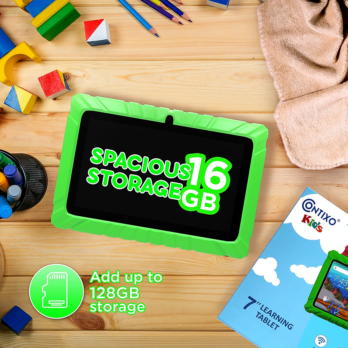 Contixo Kids Tablet, V8 Tablet for Kids and KB-2600 Kids Foldable Wireless Bluetooth Headphone Bundle, Learning Tablet, Parental Control Family Link - Green