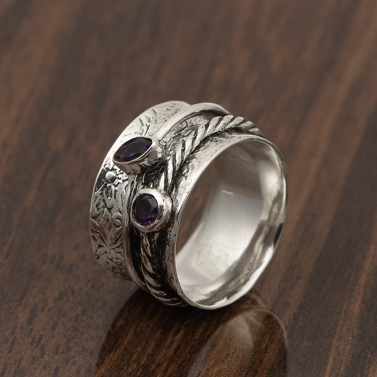 Shine Jewel Spinner Ring with Gemstones 925 Sterling Silver Fidget Band Meditation Ring for Men Women Anxiety Stress Relieving (Purple Amethyst, 8)