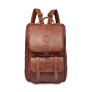 LOTCAIN Vintage Faux Leather Backpack, Slim Laptop Backpack Travel Waterproof Pack College School Bookbag Weekend Daypack Bag for Men Women,Brown