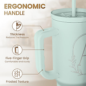 SANDJEST Stainless Steel Tumbler 40oz with Handle Initial A and Canvas Tote Bag