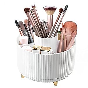 Large Capacity Rotating Makeup Organizer 360 Degree Brush Organizer with 5 Slots Makeup Brush Holder for Vanity Decor Bathroom Countertops Cosmetic Display Cases (White)
