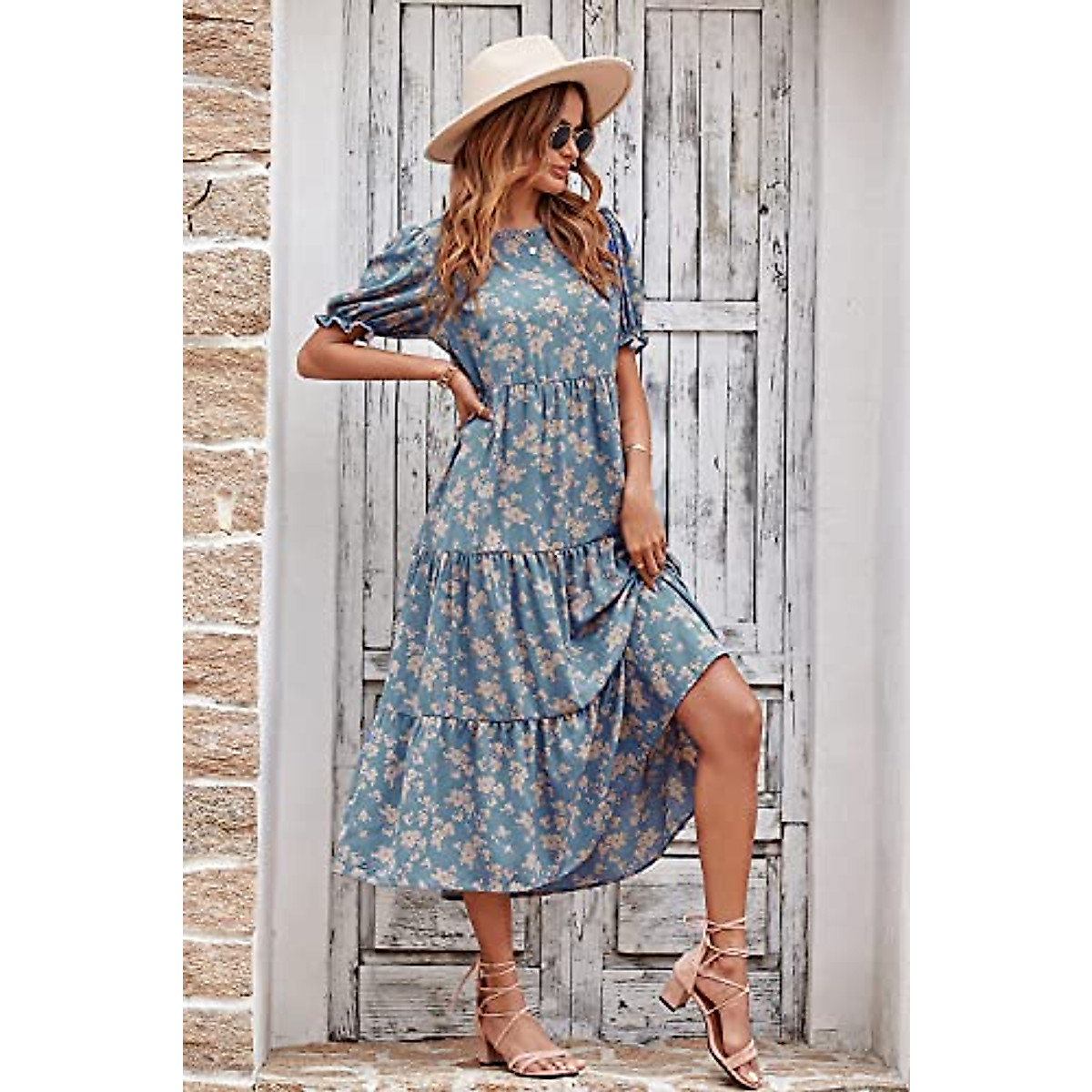 PRETTYGARDEN Women's Summer Casual Boho Dress Floral Print Ruffle Puff Sleeve High Waist Midi Beach Dresses (Blue Apricot,Medium)