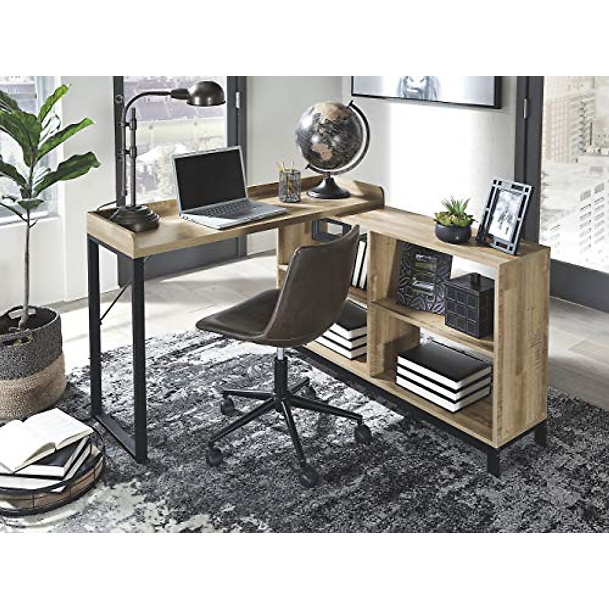Signature Design by Ashley Gerdanet Modern Farmhouse Home Office L-Shaped Desk with Side Storage, Beige