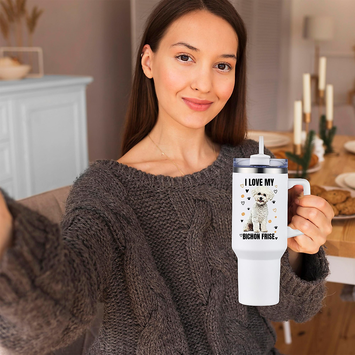 Dog Mom 40 oz Insulated Tumbler with Handle and Straw - Dog Lover Gifts for Women, Bichon Frise Gifts