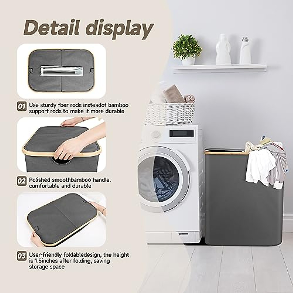 Zomhusea Double Laundry Basket with Lid - 140L Divided Laundry Hamper 2 Section with Removable Bags,Foldable Dirty Clothes Basket with Bamboo Handles - Bathroom,Dorm,College Large Hampers for Laundry