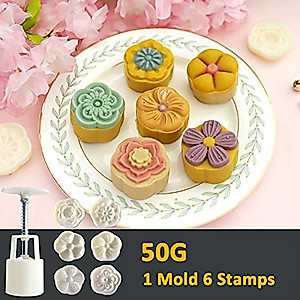 Mooncake Molds Set, Mid-Autumn Festival Hand-Pressure Moon Cake maker 6 pcs for baking, DIY Hand Press Cookie Stamps Pastry Tool(1 Mold, 6 Stamps). (50G)