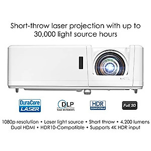 Optoma GT1090HDR Short Throw Laser Home Theater Projector | 4K HDR Input | Lamp-Free Reliable Operation 30,000 hours | Bright 4,200 lumens for Day and Night | Short Throw