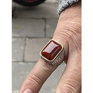 Men Handmade Ring, Red Agate Ring, Dark Aqeeq Gemstone Ring, Ottoman Style Ring, 925k Sterling Silver, Gift For Him