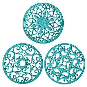 Kalsreui Teal Trivets for Hot Dishes, Silicone Hot Pads for Kitchen, Silicone Trivets for Hot Pots and Pans, Countertop and Tabletop Trivet Mat, Multi Use Round Silicone Pot Holders Set of 3