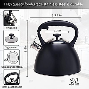 ARC, 346, 3.2 Quart / 3L Tea Kettle Food Grade with Heat Resistance Handle, Stainless Steel Teapot for Stovetop, Anti-Rust and Loud Whistling (3L - Black durable color 3)