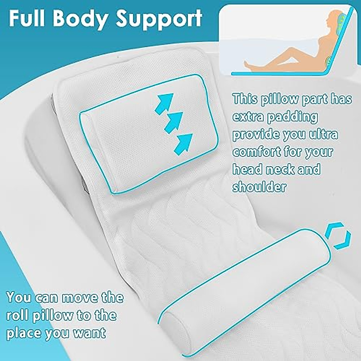 AEROiVi Full Body Bath Pillow with Lumbar Pillow Bathtub Cushion with 14 Suction Cups 3D Air Mesh Fit Any Tub Luxury Bathroom Accessories