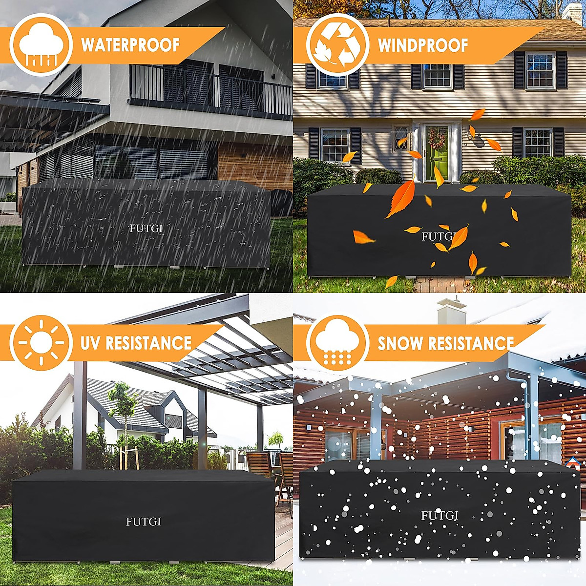 Outdoor Patio Furniture Covers Waterproof, 600D Heavy Duty Oxford Covers for Patio Furnitures as General Table Chair Bay Sofa, UV Proof Wind Proof Snow Resistant in Winter (Black, 124" x 71" x 29")