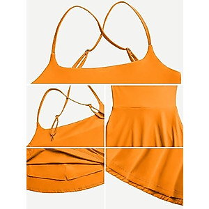 Vohawsa Women's Casual Tennis Athletic Dress Scoop Neck Spaghetti Strap Workout Open Back Golf Mini Dress with Shorts (US, Alpha, X-Large, Regular, Regular, Orange)