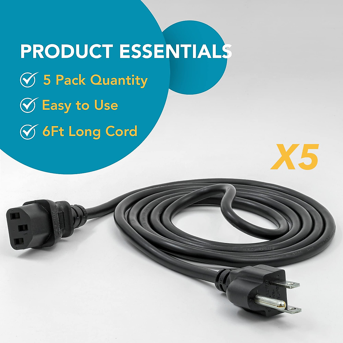 Rebuild Skills UL Approved (6FT 18/3-5PK) Universal Computer Monitor Power Cord, C13 Power Cable for Monitor, PC, Desktop, Printer, Scanner 18 AWG GA NEMA 5-15P to IEC13 (5 Pack)